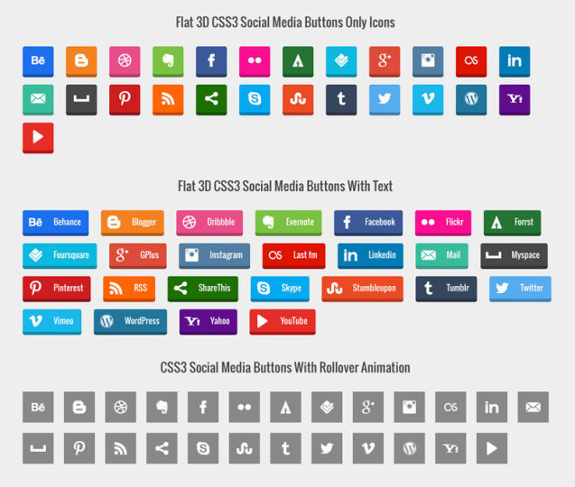 Freebie: CSS3 Social Media Button Set (Flat, 3D, Text and with Rollover ...